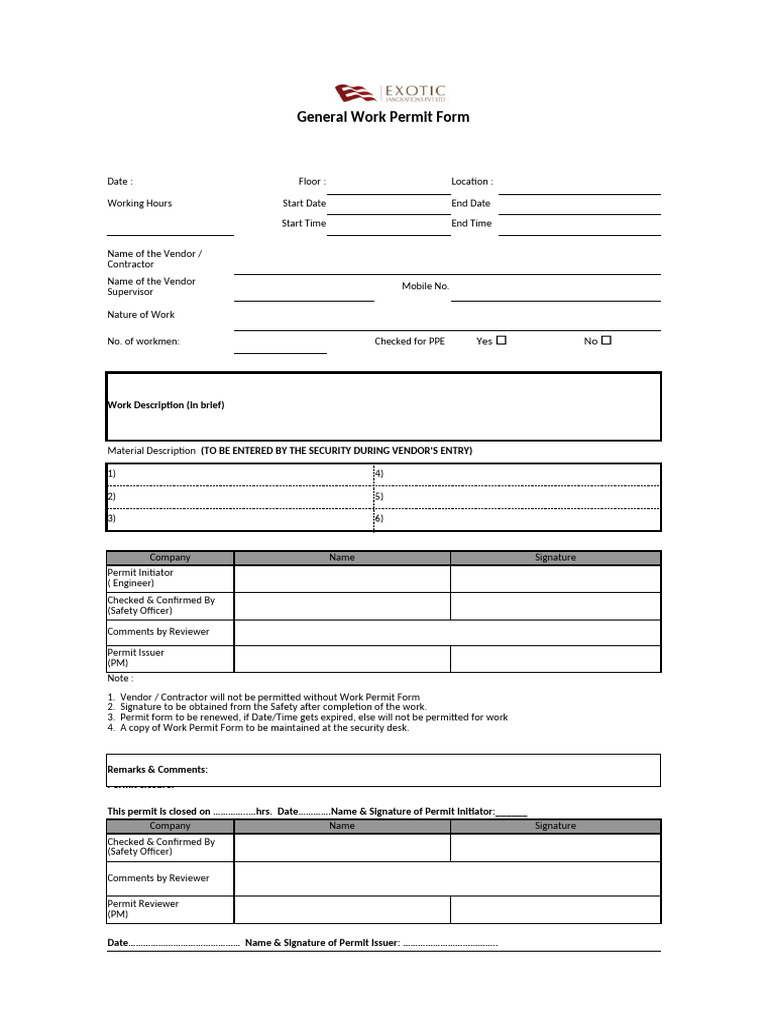 EIPL - General Work Permit Format | PDF