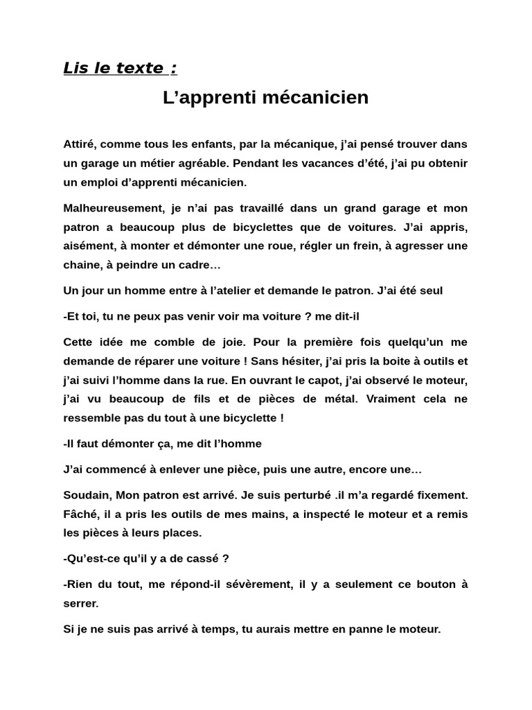 L'apprenti mécanicien en 6ème année | PDF