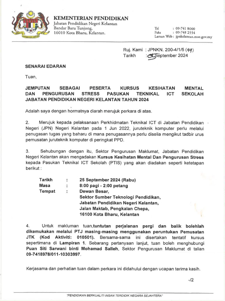 Surat Jemputan Peserta - Kursus Kesihatan Mental | PDF