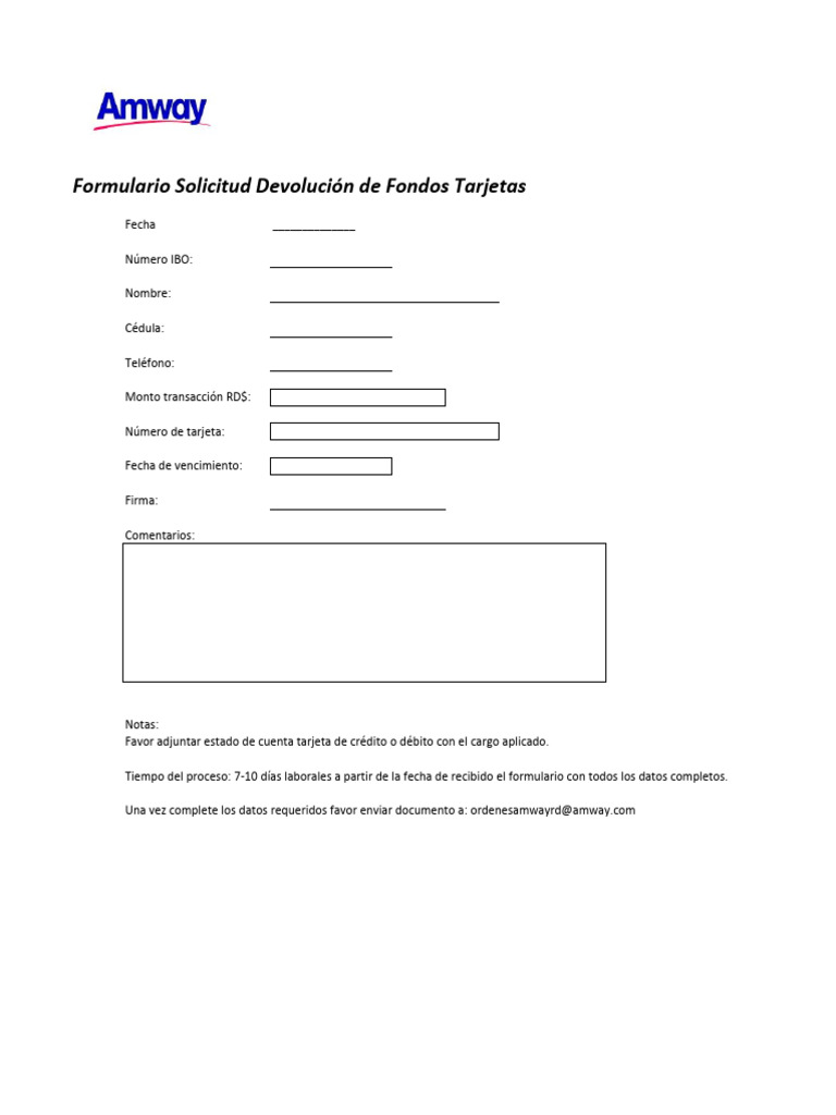 Formulario Devolucion Tarjeta C Amway DR | PDF
