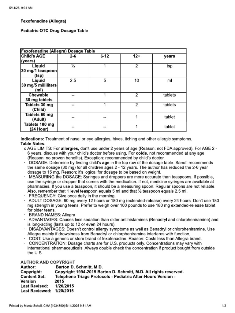 Fexofenadine Allegra Pediatric Dosing | PDF