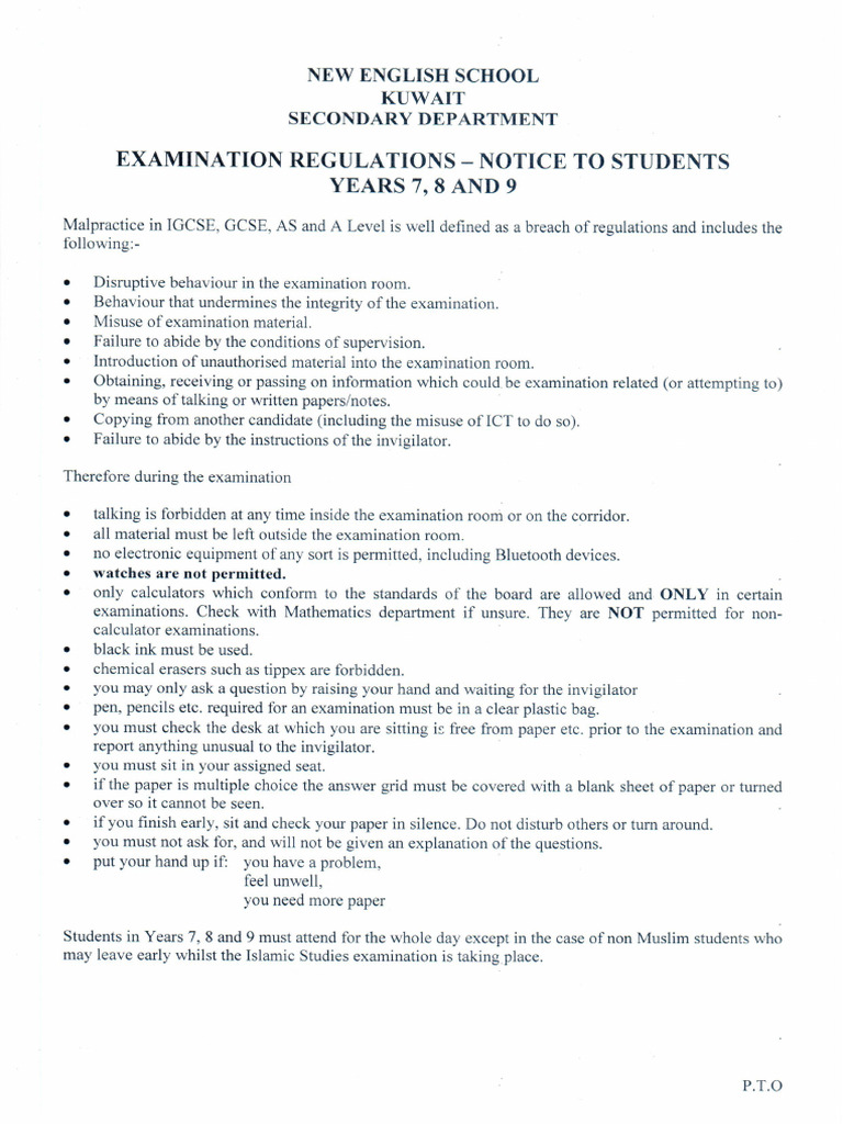Examination Regulations - Lower School - Years 7 - 9 | PDF