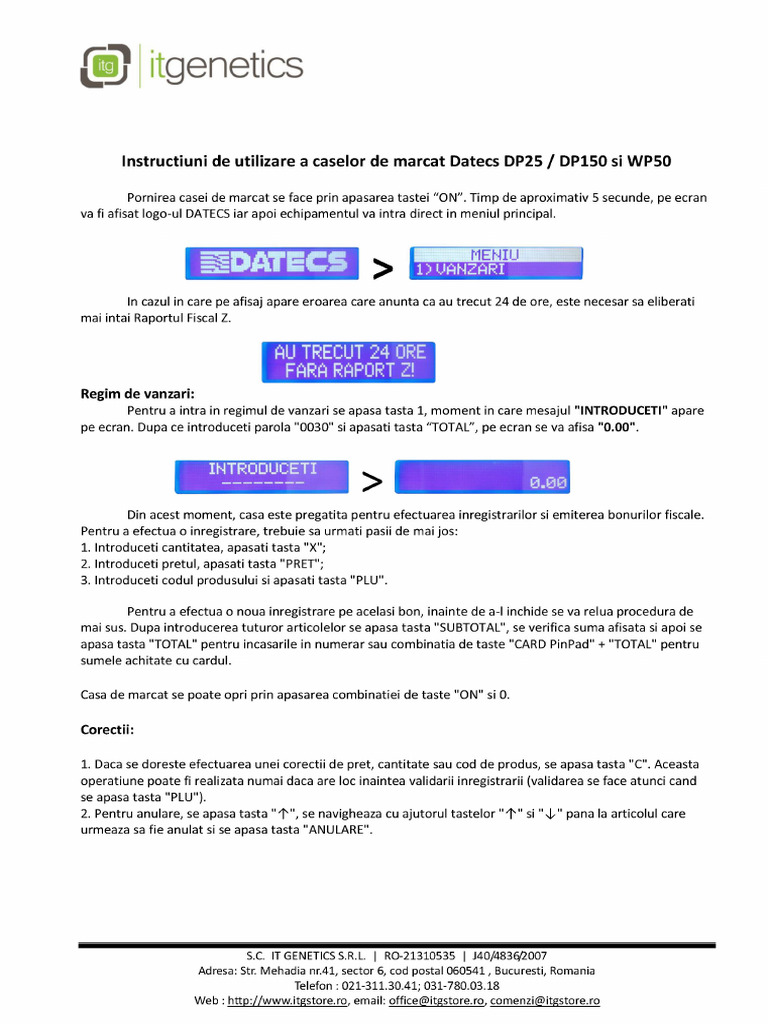 Instructiuni de Utilizare A Caselor de Marcat Datecs DP25 DP150 WP50 | PDF