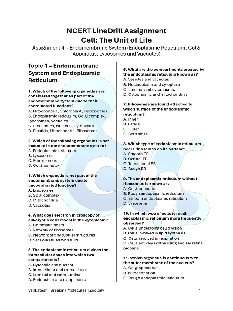 NCERT LineDrill Assignment 4 - Cell The Unit of Life | PDF | Endoplasmic Reticulum | Vacuole