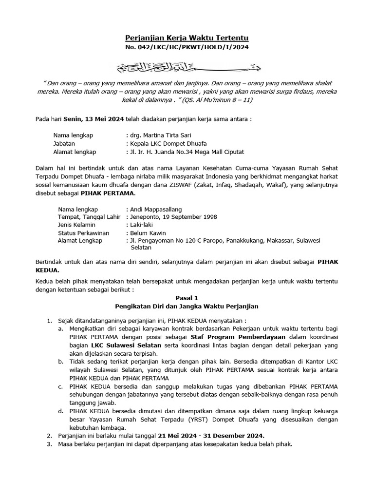 042 - PKWT Andi Mappasallang - Staf PKM - 2024 | PDF