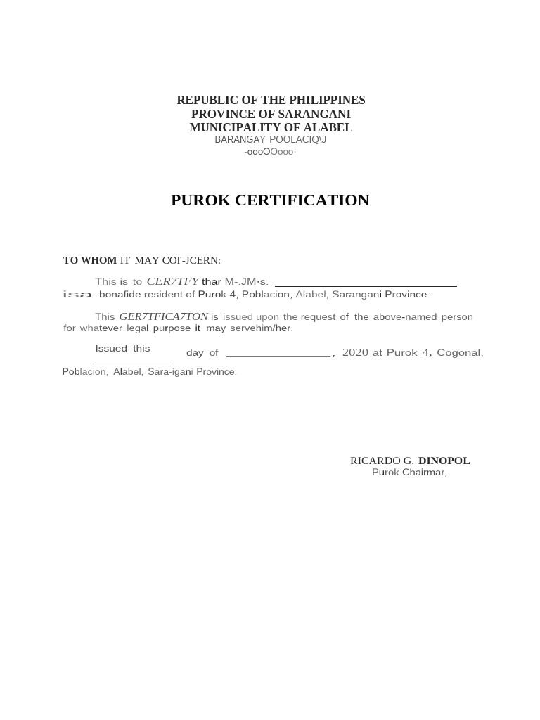 Purok Certification: Republic of The Philippines Province of Sarangani ...