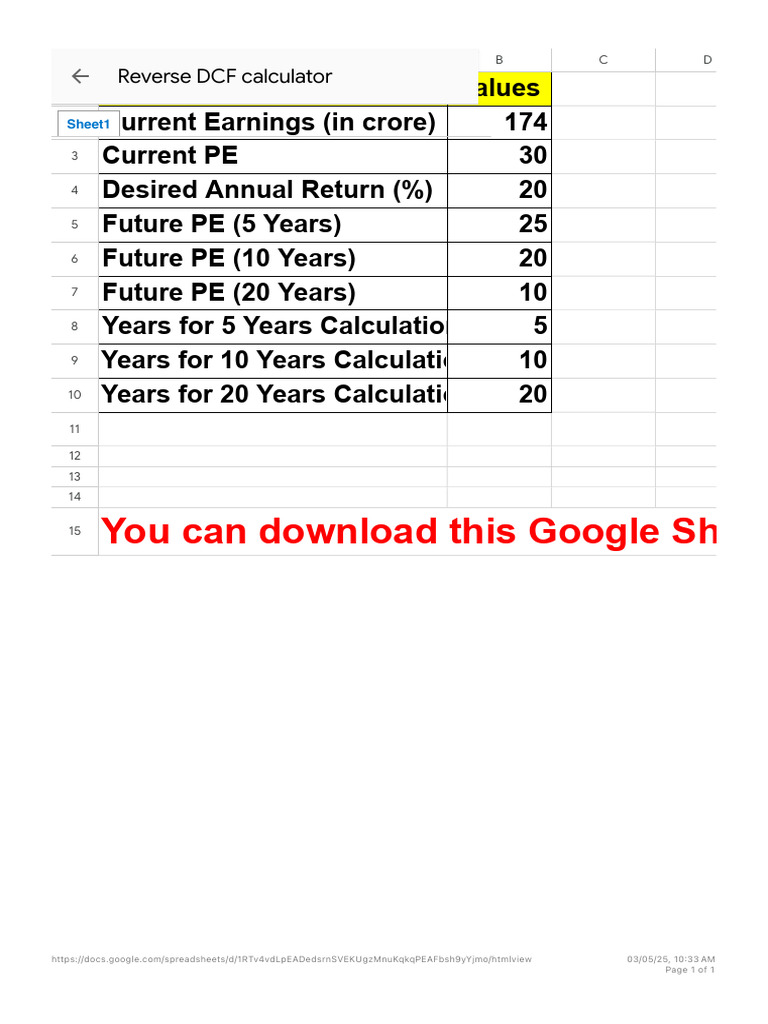 Reverse DCF Calculator - Google Drive | PDF