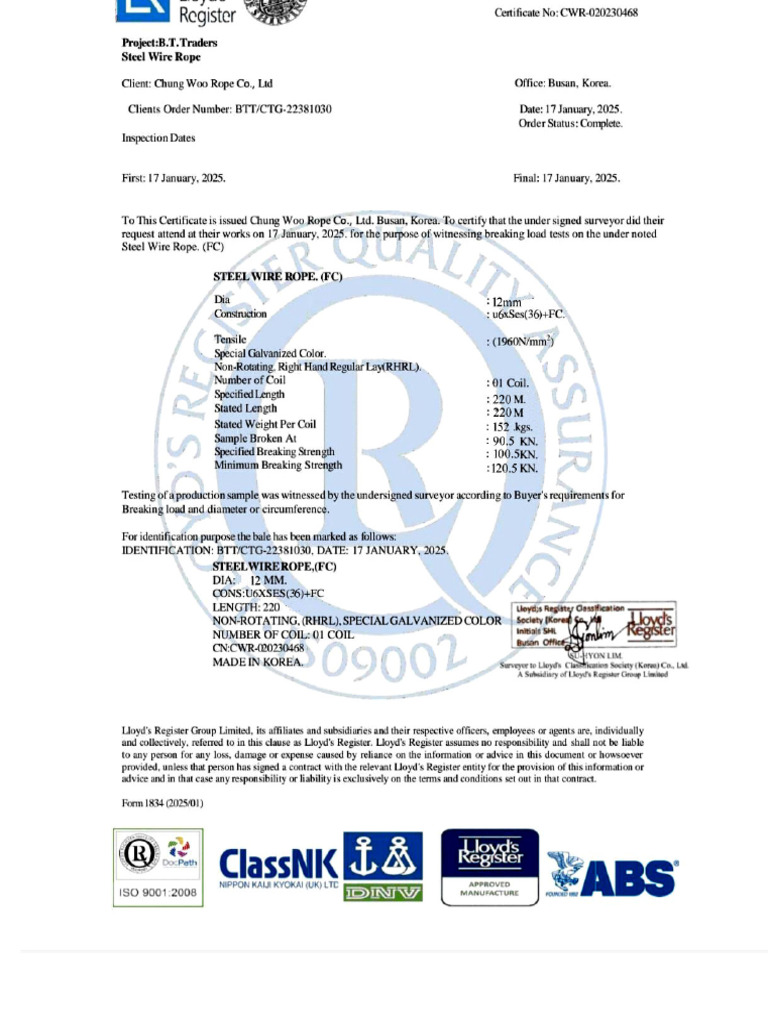 Wire Rope Certificate | PDF