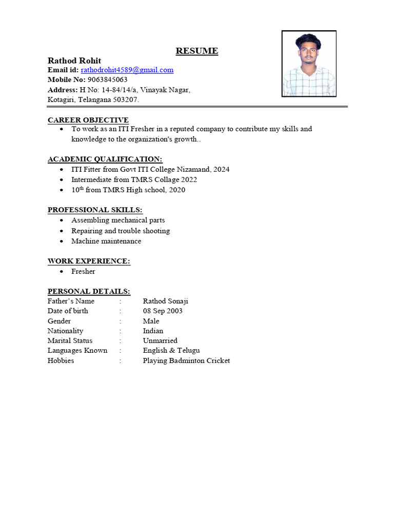 ITI Fitter Resume for Freshers | PDF