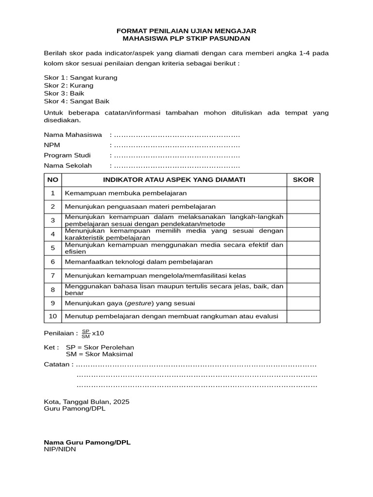 FORMAT PENILAIAN UJIAN PLP. | PDF