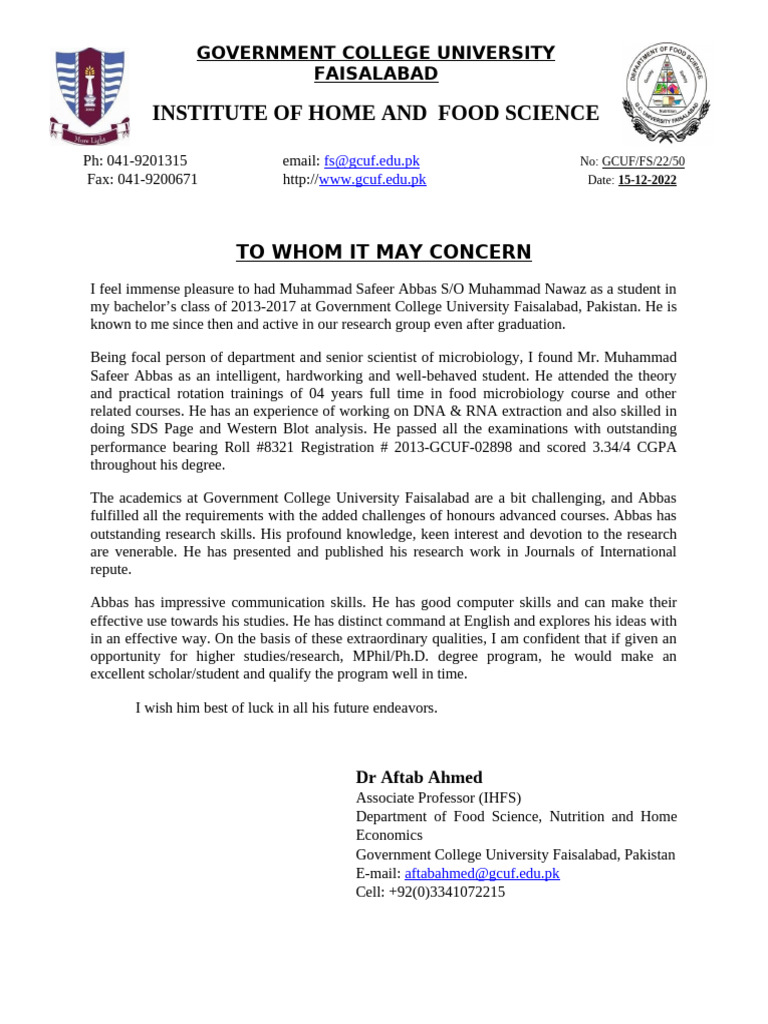 Letter of Recommendation Sir Aftab 2) | PDF | Biology