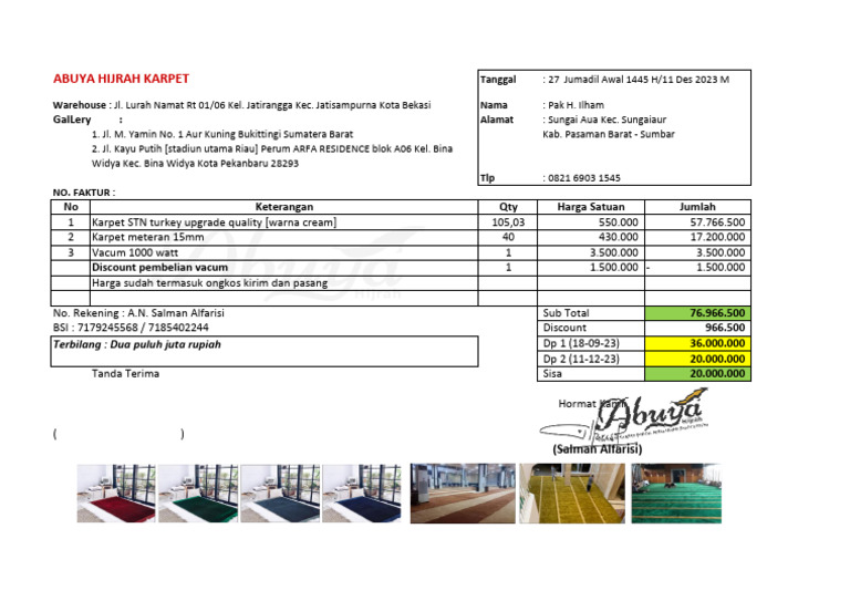 Update Nota Karpet Masjid Pak H. Ilham Pasaman | PDF