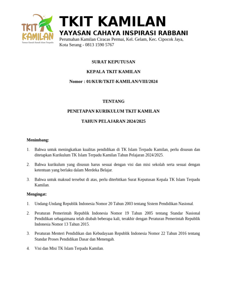 Formulir Pendaftaran TKIT KAMILAN | PDF