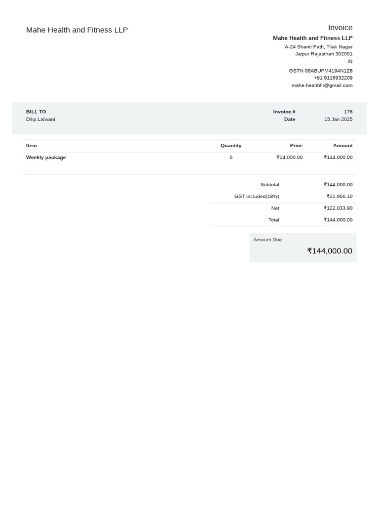 Invoice for Weekly Fitness Package | PDF