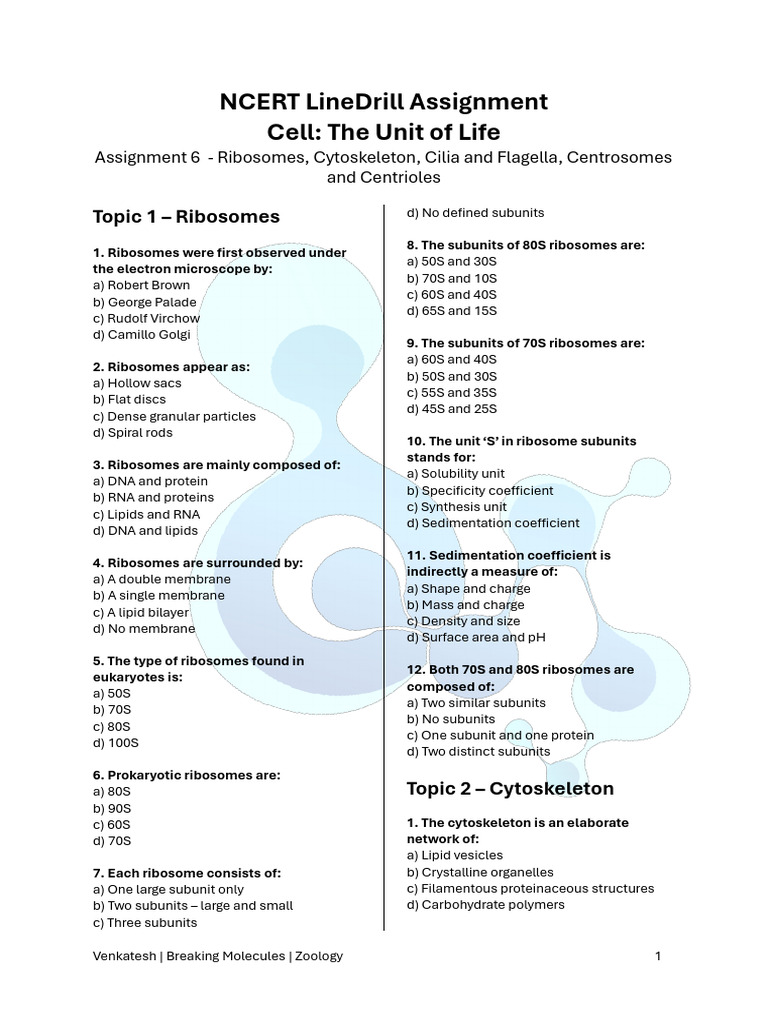 NCERT LineDrill Assignment 6 - Cell The Unit of Life | PDF | Cytoskeleton | Cell (Biology)