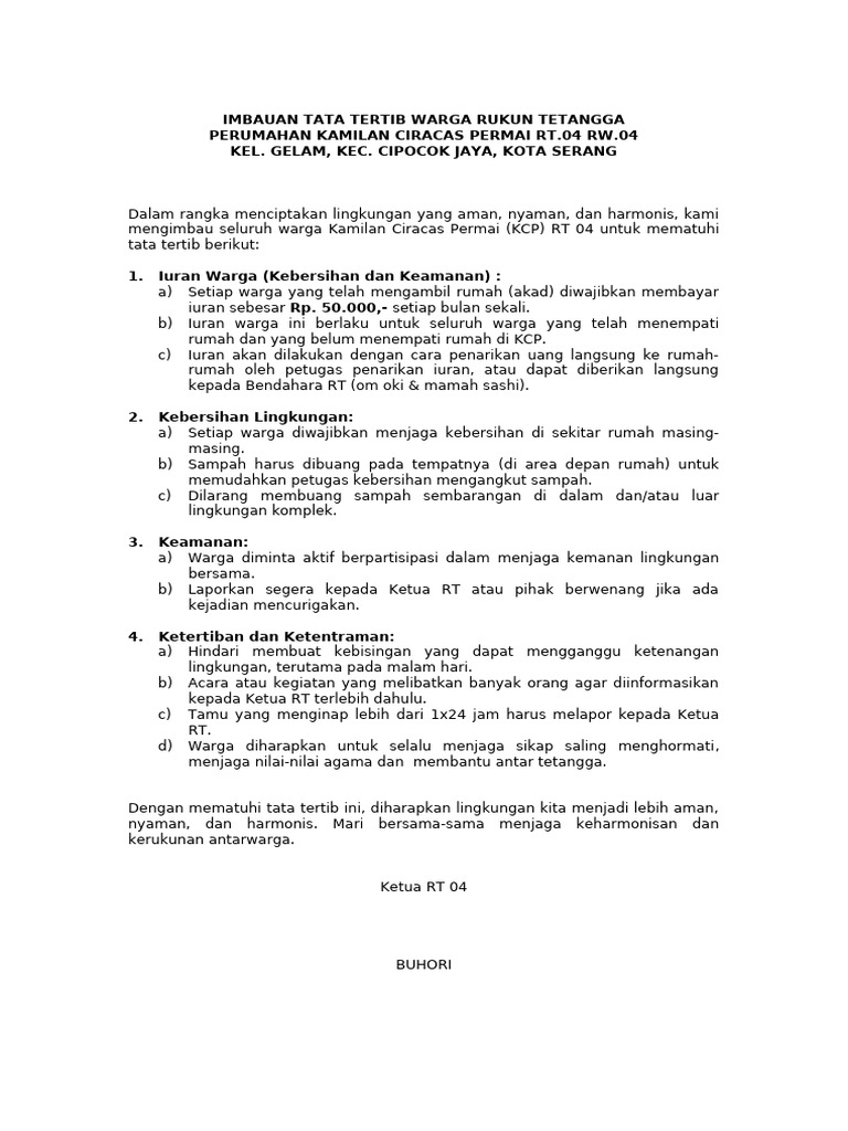 Imbauan Tata Tertib Warga Rukun Tetangga | PDF