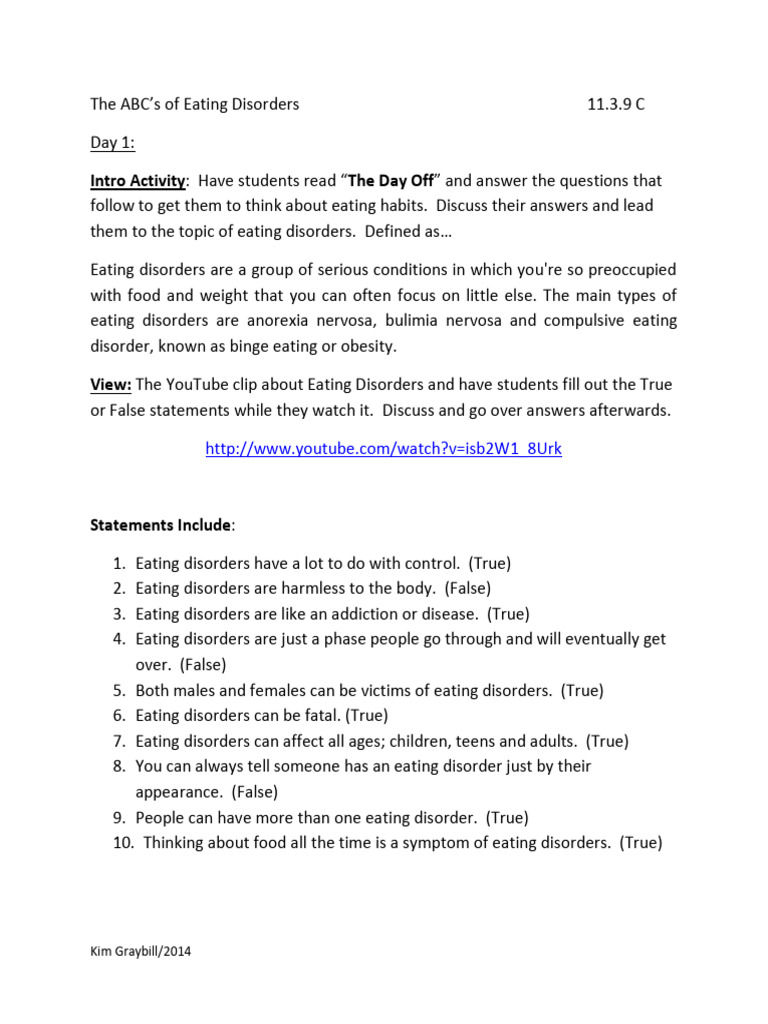 The ABCs of Eating Disorders Lesson | PDF | Eating Disorder | Bulimia ...
