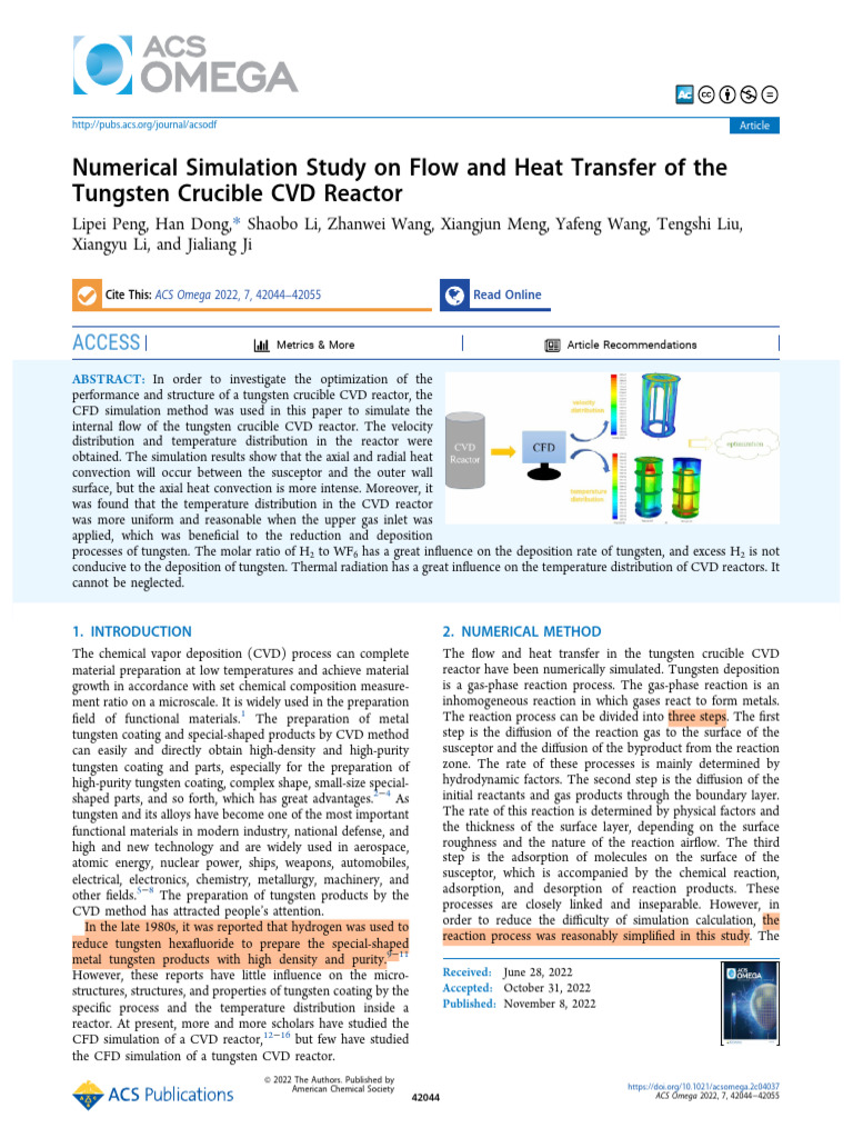 Numerical Simulation Study On Flow and Heat Transfer of The Tungsten Crucible CVD Reactor | PDF ...