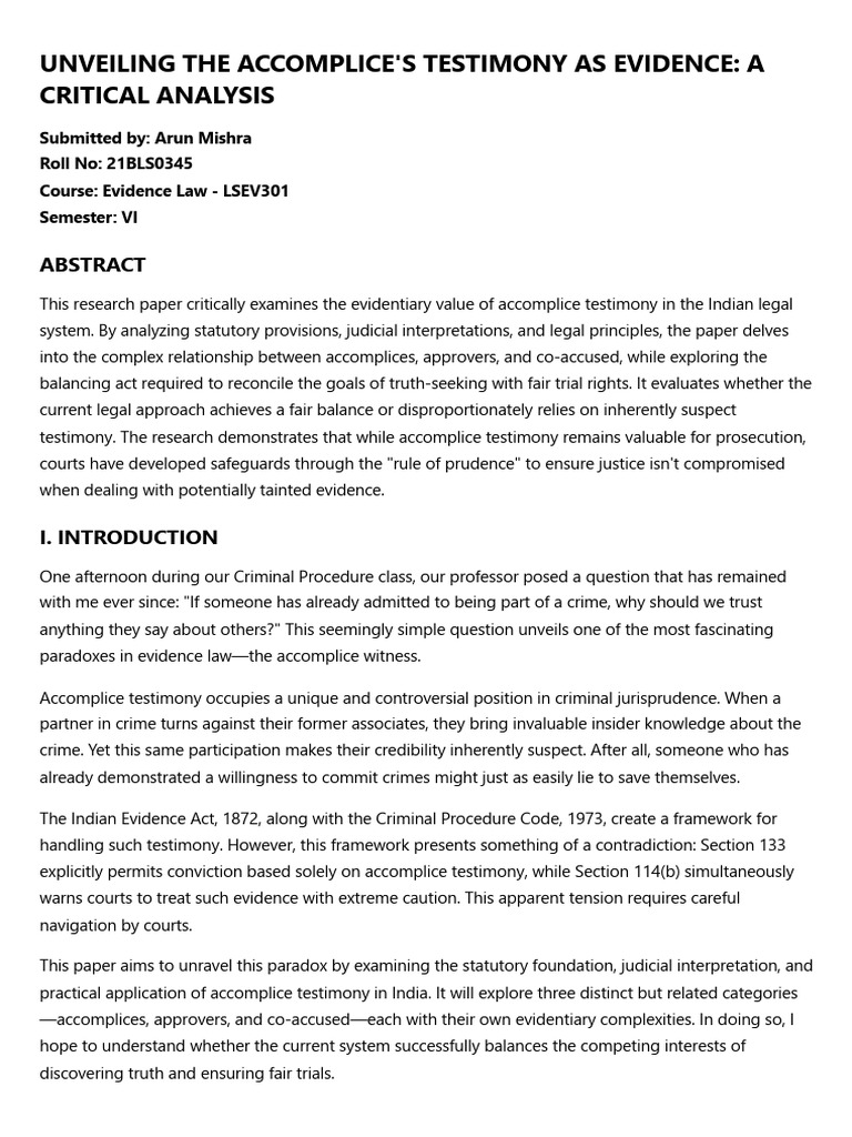Unveiling The Accomplice's Testimony As Evidence - A Critical Analysis ...