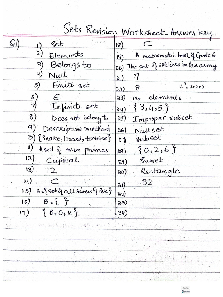 Sets Worksheet - Answer Key | PDF