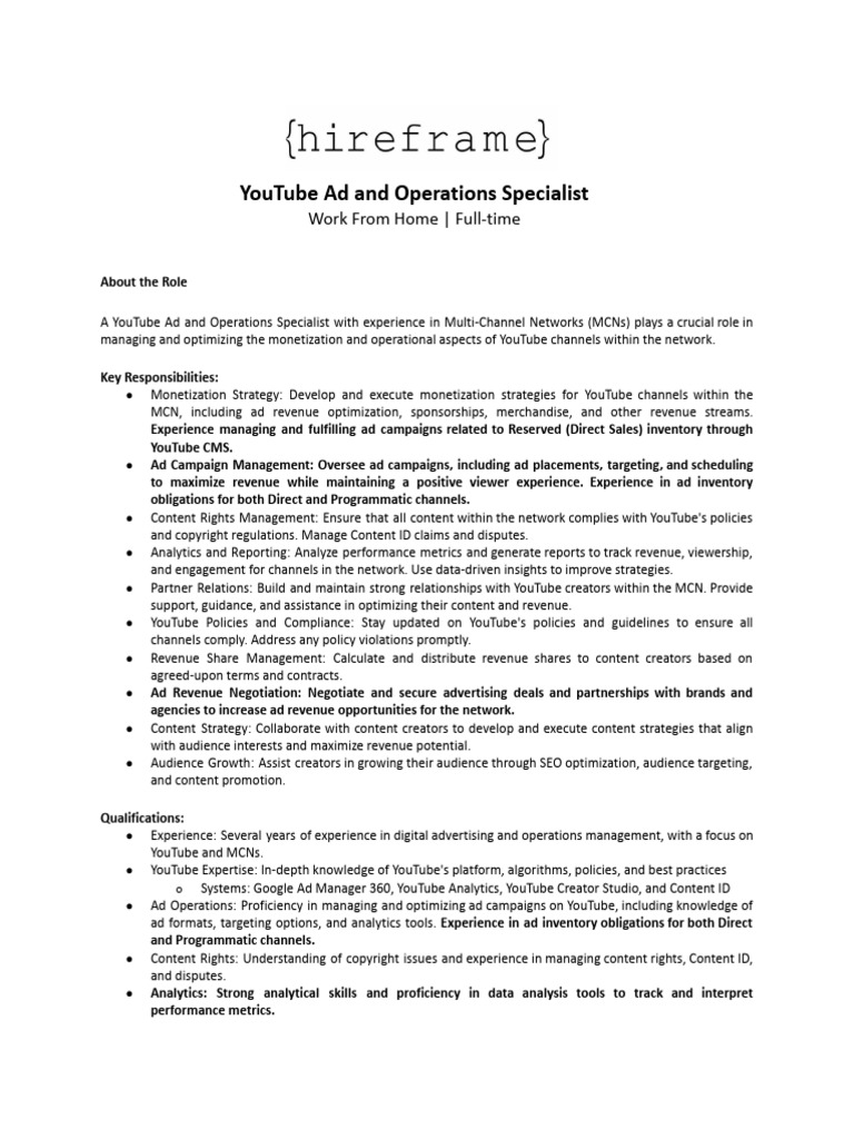 Job Description - YouTube Ad and Operations Specialist | PDF | You Tube ...