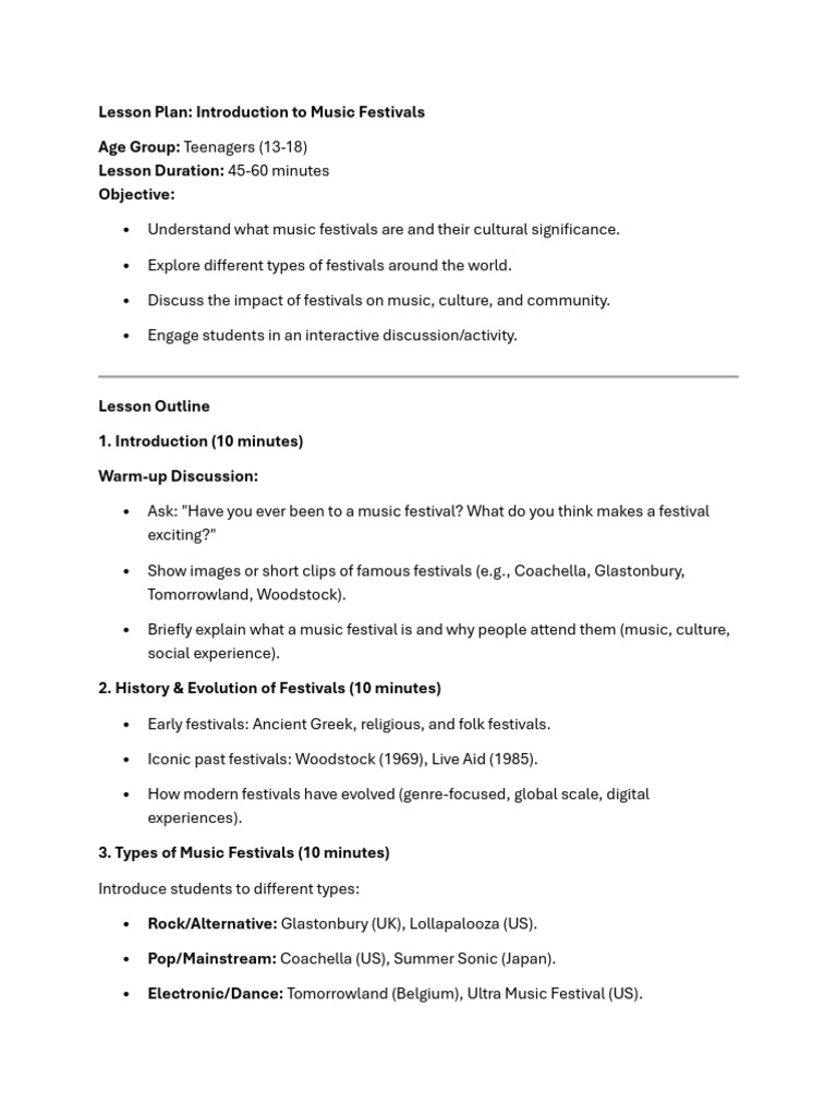 Lesson Plan Y9-Music Festival | PDF