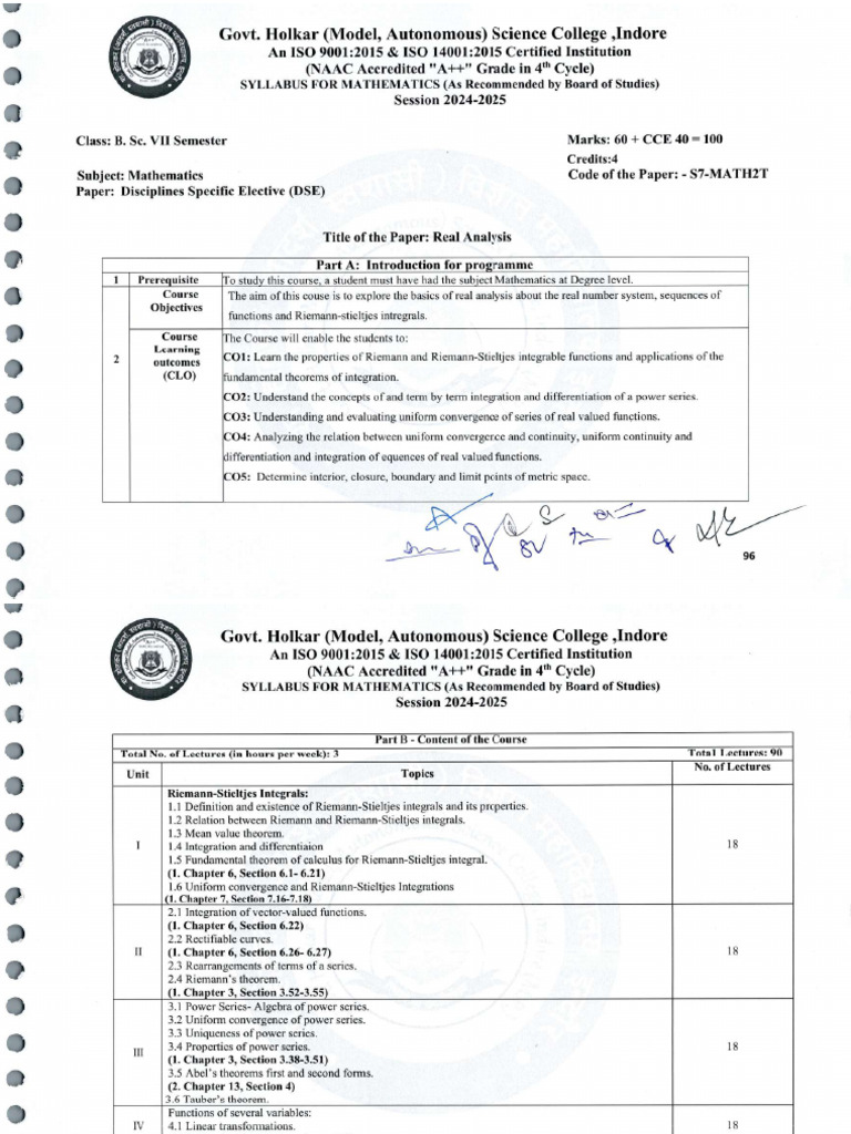 BSC VII SEMESTER Syllabus DSE MATHEMATICS 2024-2025 | PDF