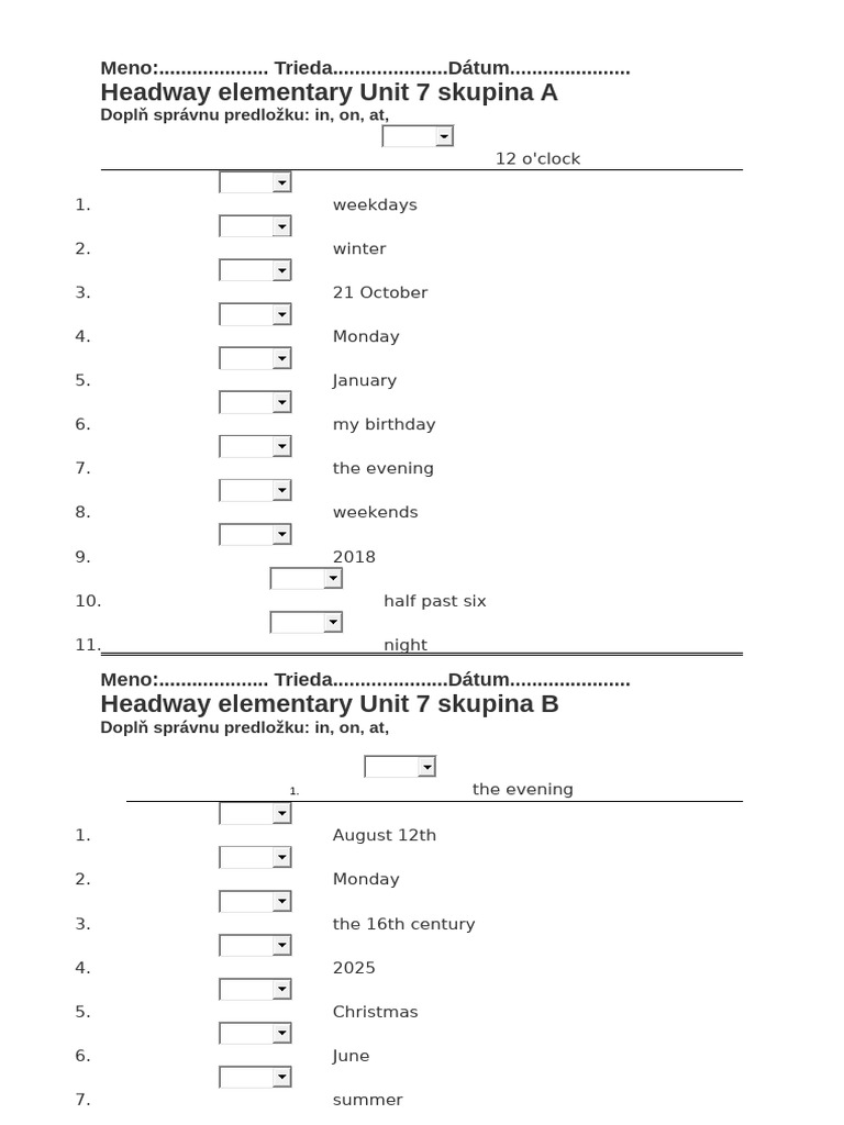 Headway Elem. Unit 7-In, On, at | PDF