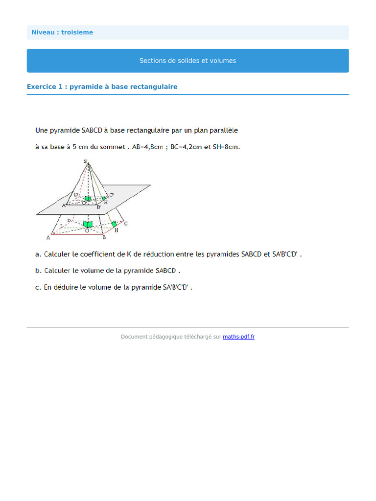 Recueil d'Exercices Sections de Solides Et Volumes Troisieme | PDF