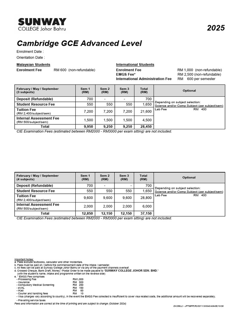 Fee Structure 2025 - A-Levels | PDF