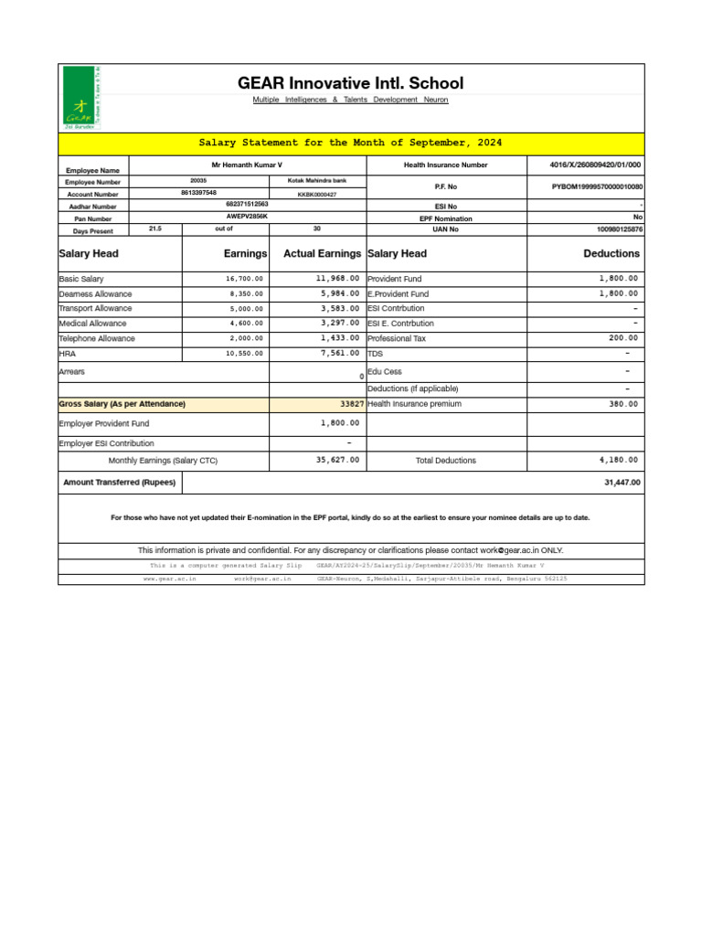 GEAR - AY2024-25 - SalarySlip - September - 20035 - MR Hemanth Kumar V | PDF | Expense ...