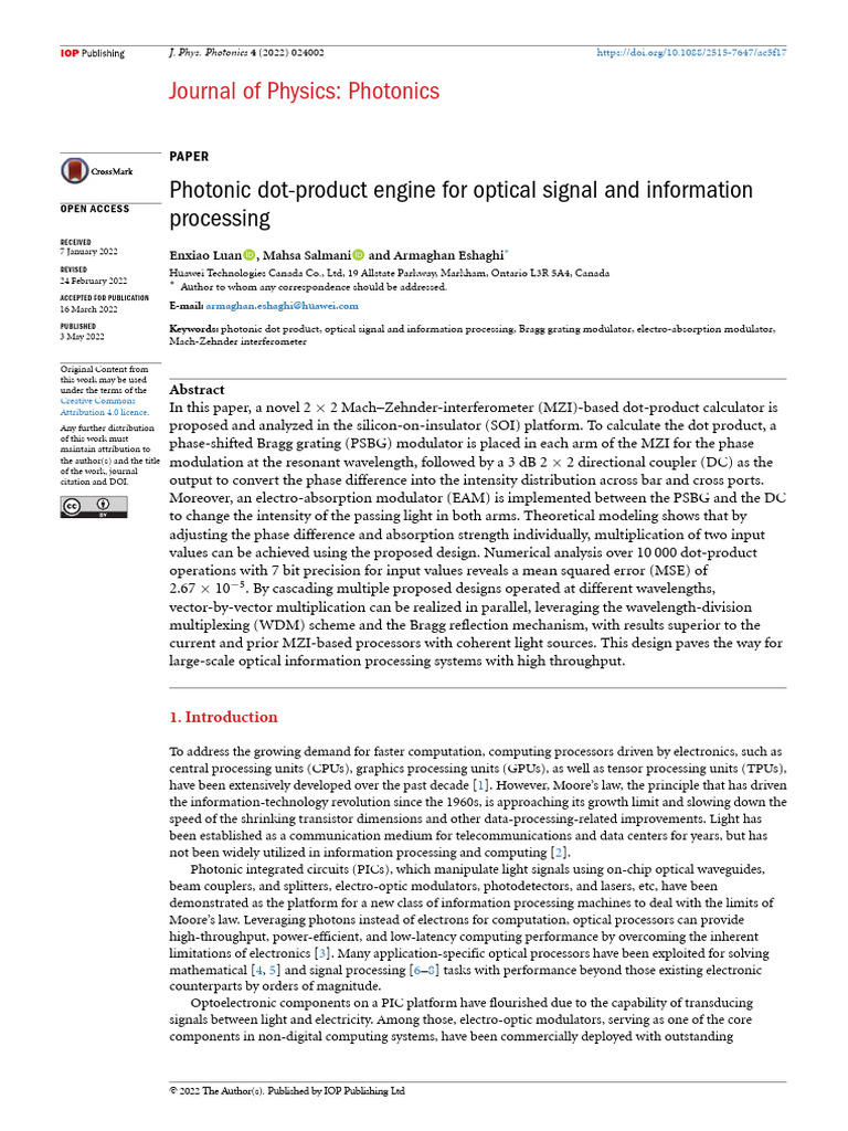 Photonic Dot-Product Engine For Optical Signal and | PDF | Accuracy And ...