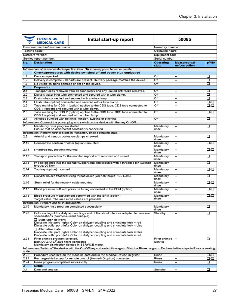 Initial Start-Up Report 5008S: Chapter 3: Installation | PDF | Blood Pressure | Calibration