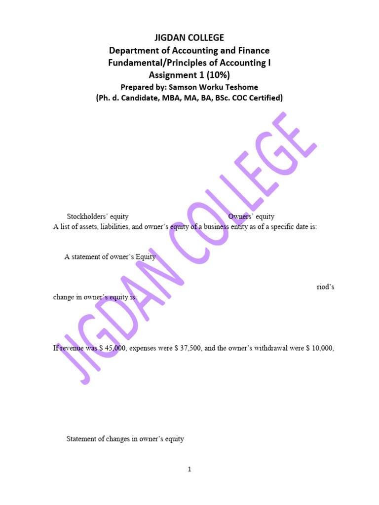 Assignment I Fundamentalsn Principles Of Accounting I Pdf Equity