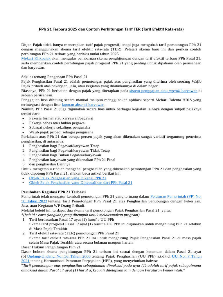 PPH 21 Terbaru 2025 Dan Contoh Perhitungan Tarif TER | PDF
