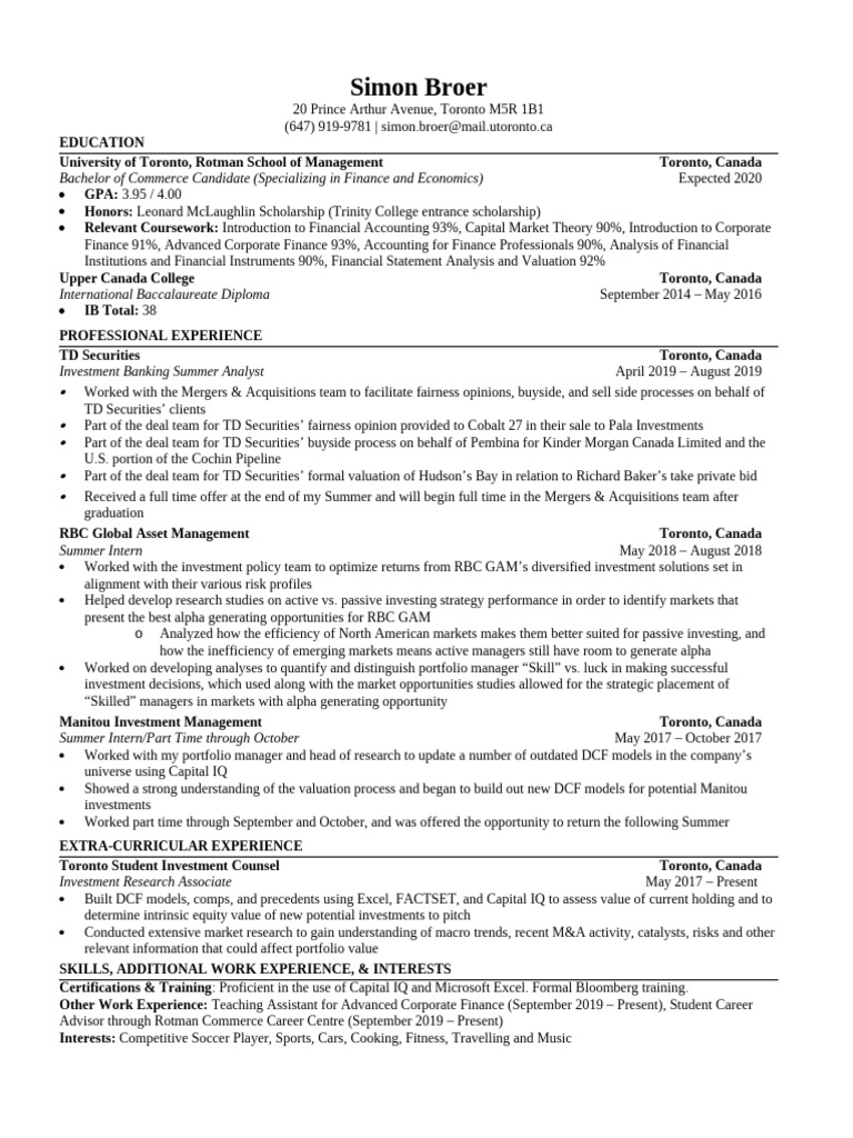 Simon Broer Resume January 2020 | PDF | Valuation (Finance ...