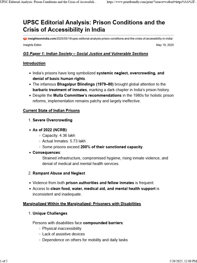 UPSC Editorial Analysis - Prison Conditions and The Crisis of ...