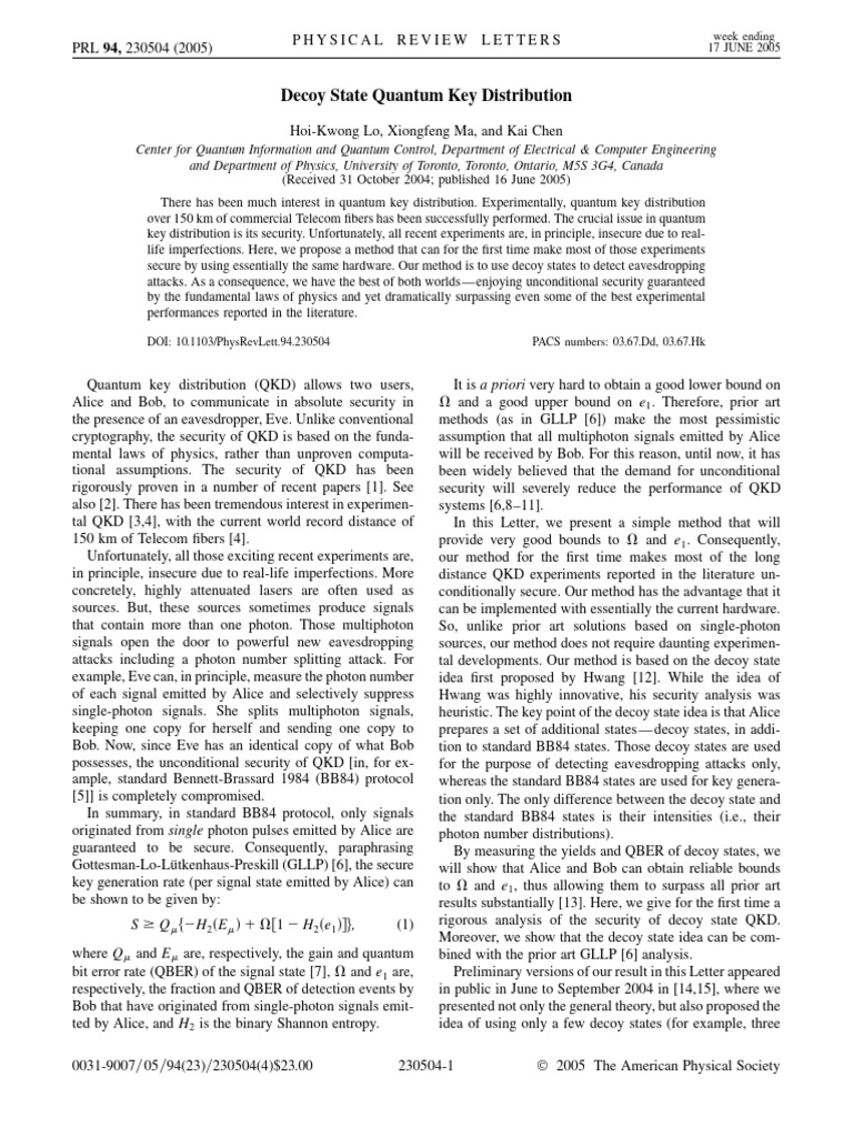 2005 - Decoy State Quantum Key Distribution | PDF | Quantum Mechanics | Cryptography