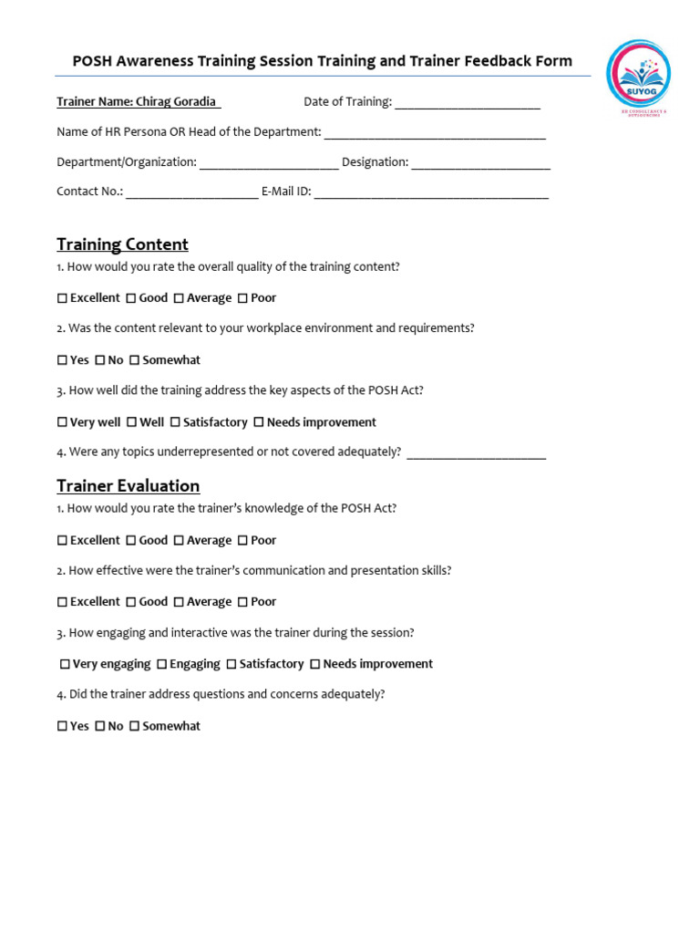 POSH Awareness Training Feedback Form - HR | PDF