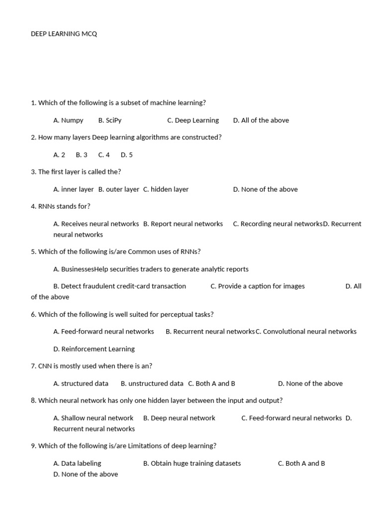 Deep Learning MCQ | PDF | Deep Learning | Machine Learning