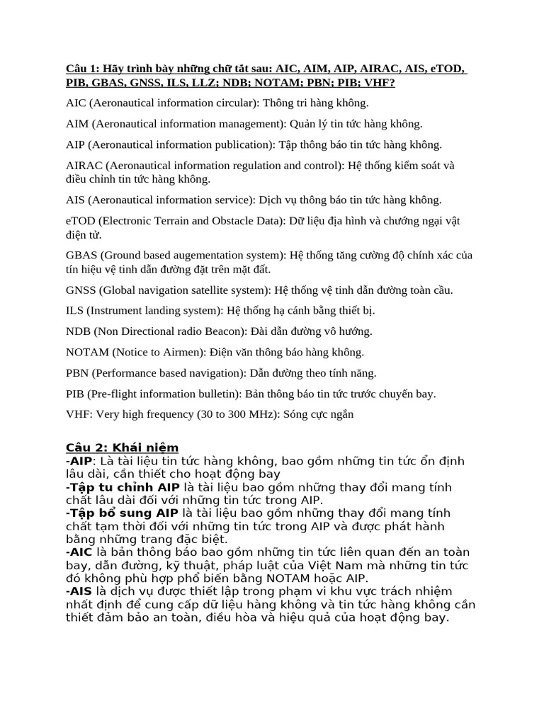 Câu 1: Hãy trình bày những chữ tắt sau: AIC, AIM, AIP, AIRAC, AIS, eTOD ...
