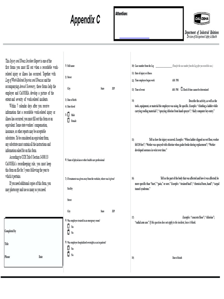 Cal/OSHA Form 301: Injury Report Guide | PDF | Occupational Safety And ...
