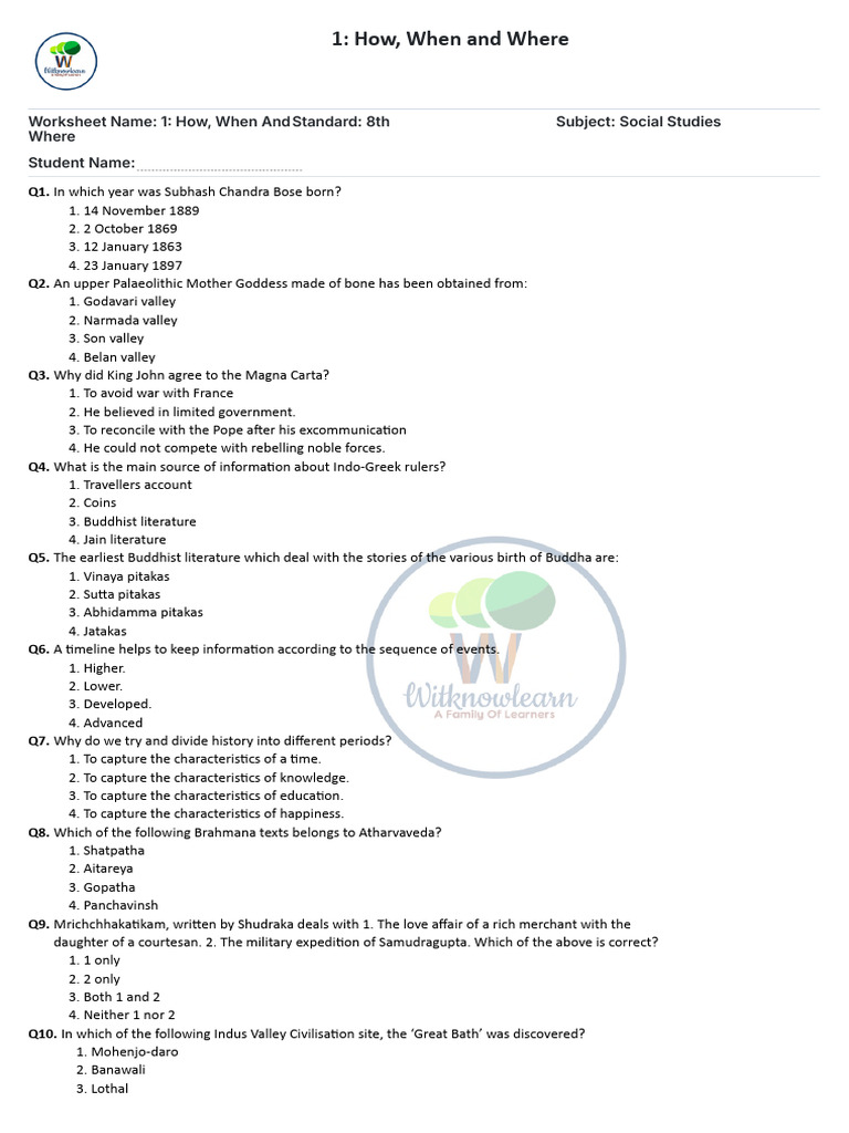 How When and Where Class 8 Worksheet With Answer Including MCQ 0 2023 21-11-122015 | PDF ...