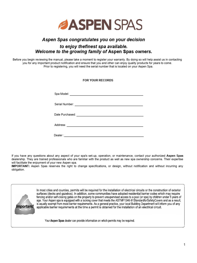 Aspen Spas Owner's Manual | PDF | Hyperthermia | Pregnancy