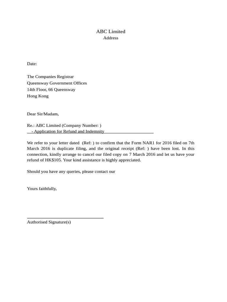 Template - Letter For Refund 105 | PDF