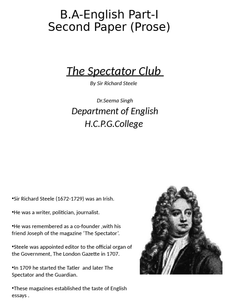 B.A English Part I (Prose) The Spectator Club by Richard Steele (By DR ...