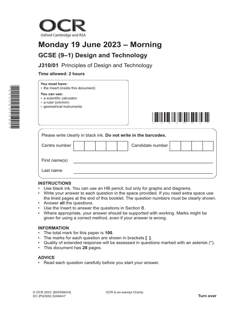 Question Paper Principles of Design and Technology | PDF | Area | Lever