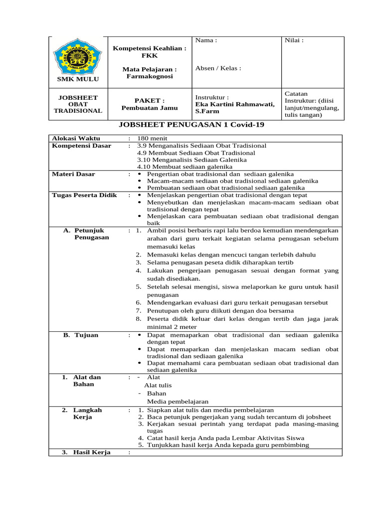 Jobsheet Farmacog XI 1 Cov | PDF