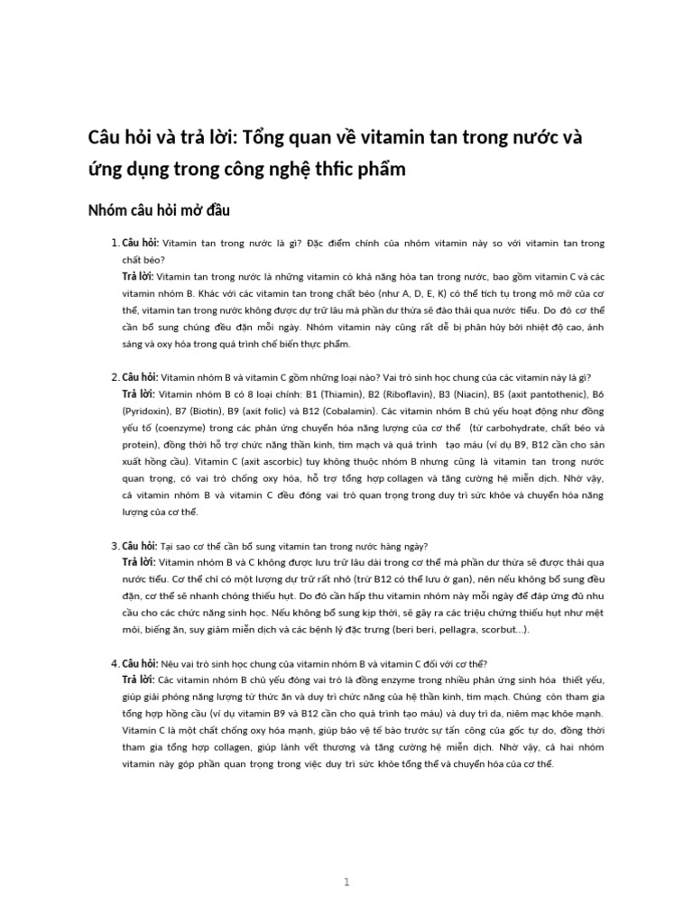 Câu hỏi và trả lời - Tổng quan về vitamin tan trong nước và ứng dụng trong công nghệ thực phẩm | PDF