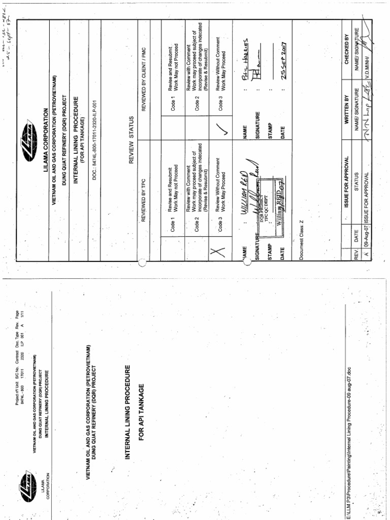 Internal Lining Procedure (2320-Ilp-001) | PDF
